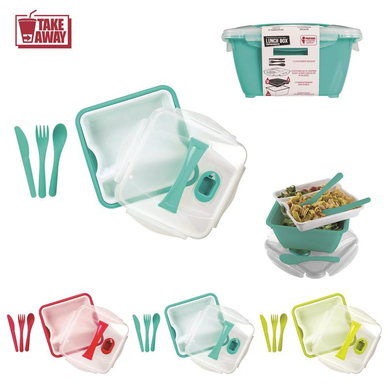 2-compartment Bento lunch box with fork, knife and spoon